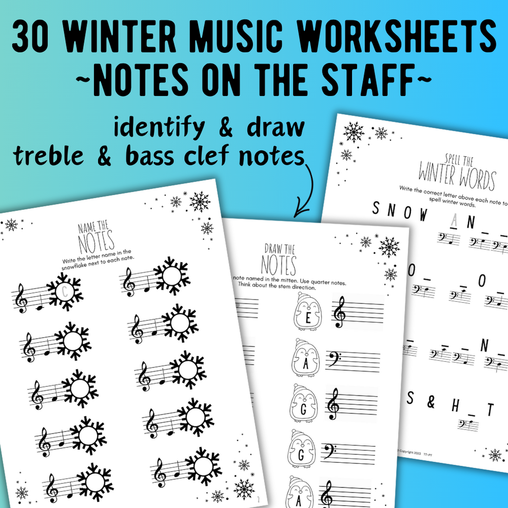 Winter NOTE NAMING Music Worksheets – The Tattooed Piano Teacher