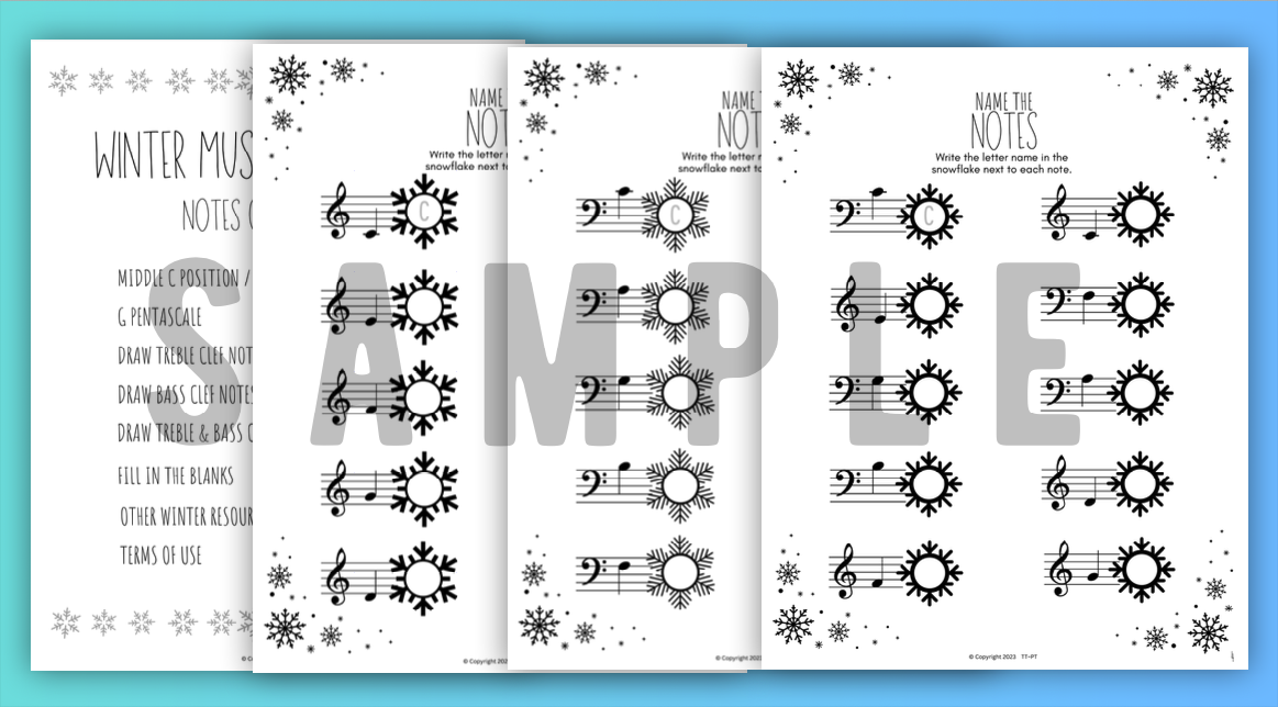 Winter NOTE NAMING Music Worksheets – The Tattooed Piano Teacher